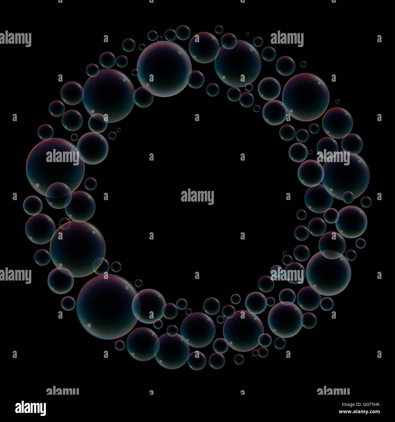 Bubbles - circular frame, black background, realistic three-dimensional ...