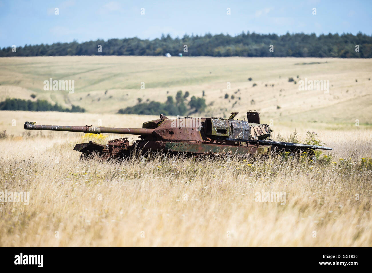 A disused tank that is used for target practice on Salisbury Plain in ...