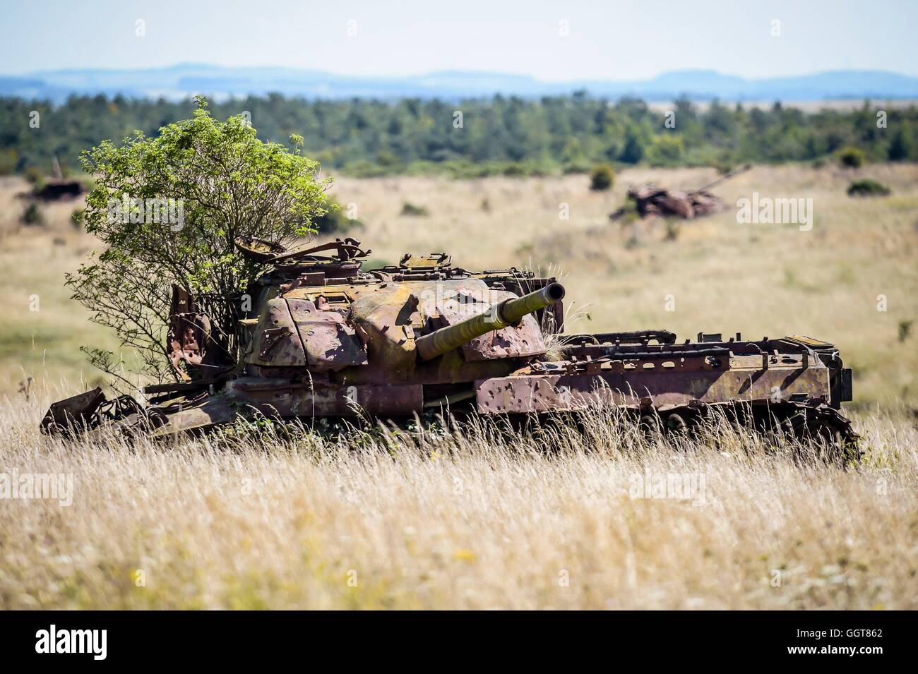 A disused tank that is used for target practice on Salisbury Plain in ...
