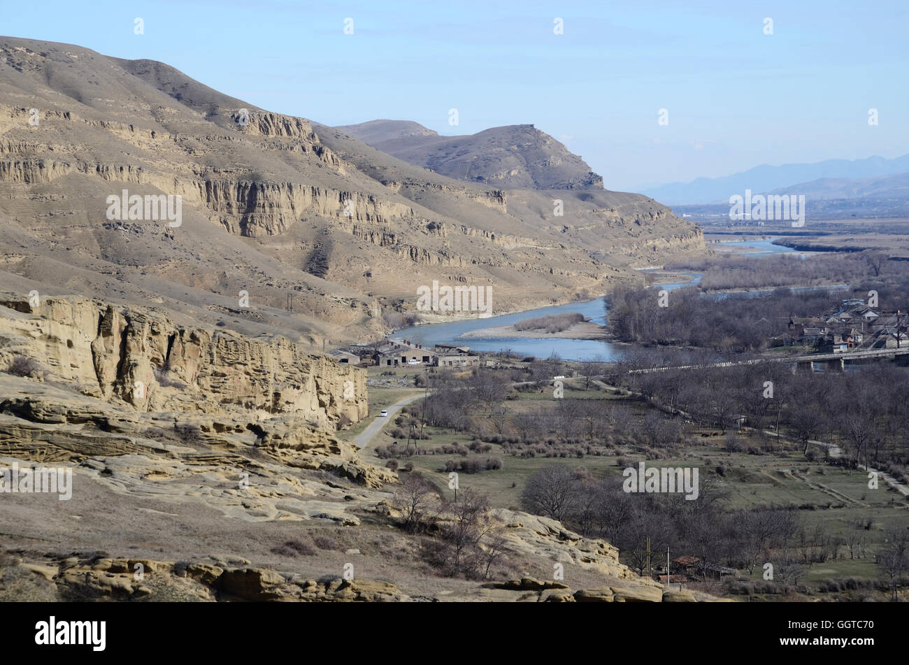 View of high rocky left bank of the Mtkvari River from ancient ...