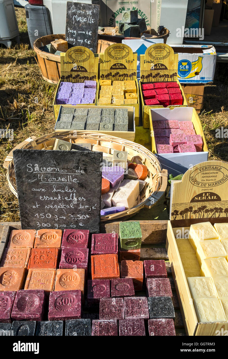 Display of traditional “Savon de Marseille” soaps at open-air event ...