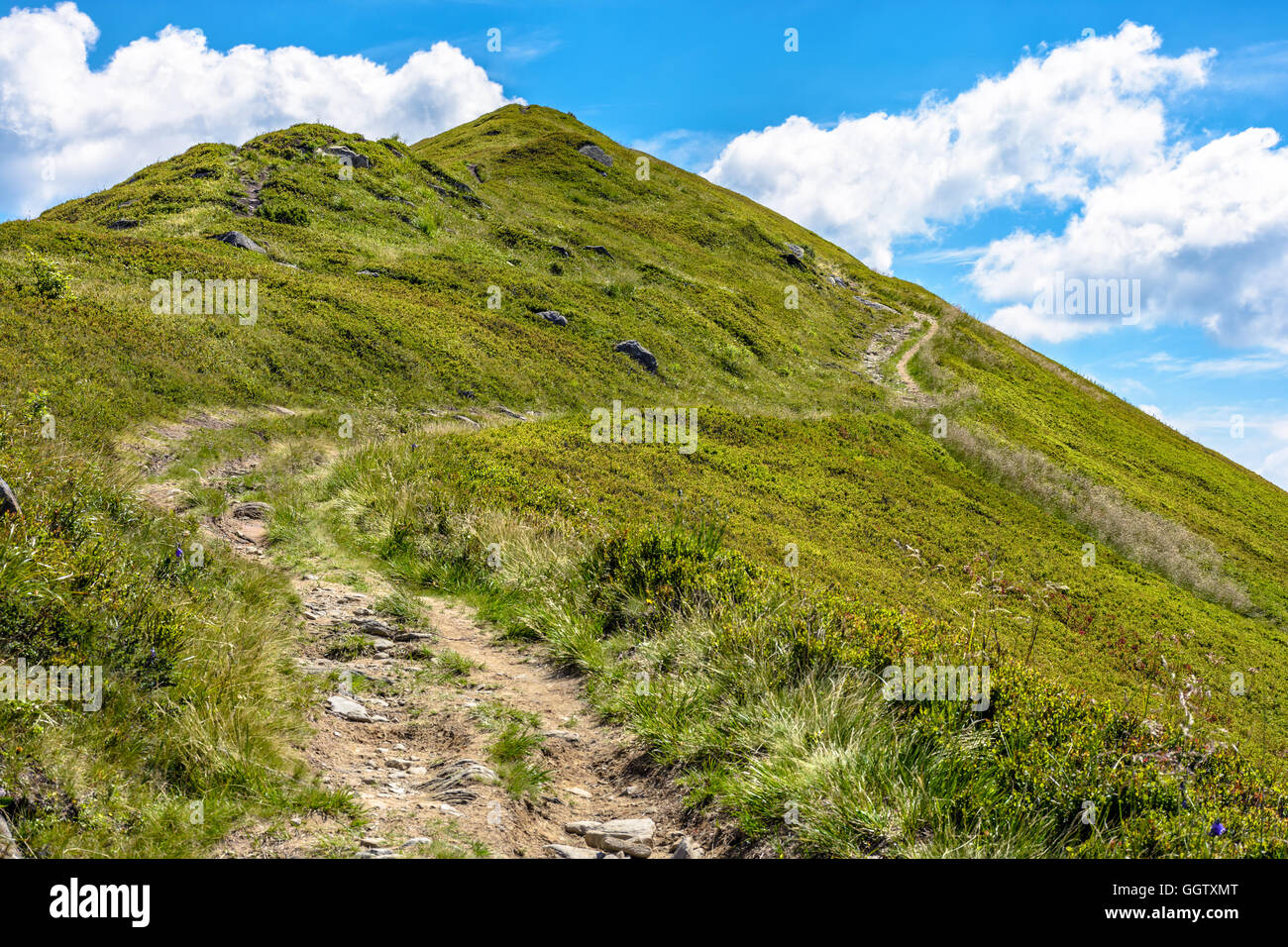 summer mountain landscape. foot path through hill side to the mountain ...