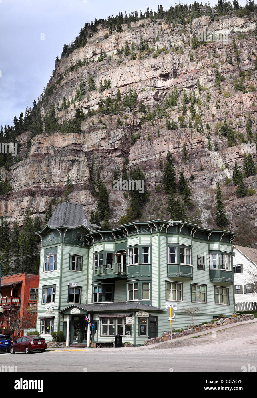 A street in Ouray, Colorado USA , in the San Juan Mountains with wooden ...