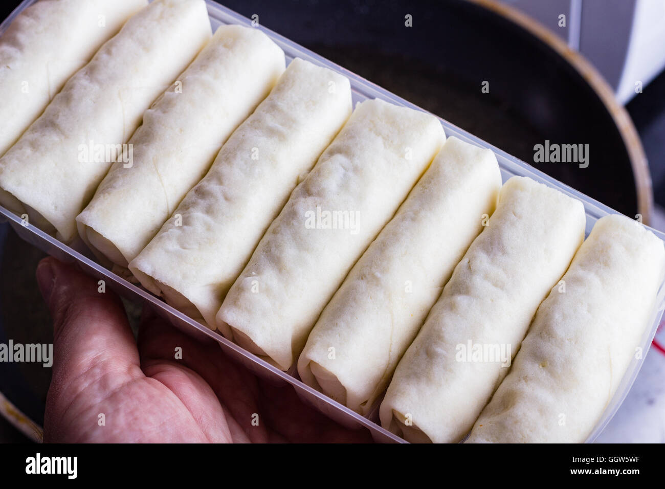Prawn spring rolls just taken from a freezer Stock Photo - Alamy