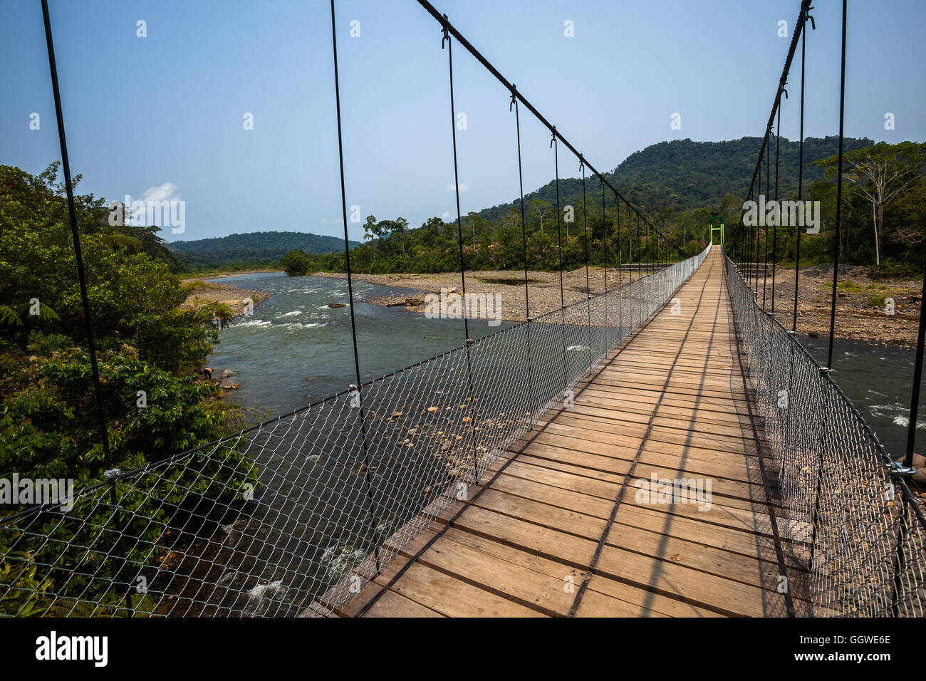Hanging bridge over river Arajuno, Ecuadorian Amazon Stock Photo - Alamy