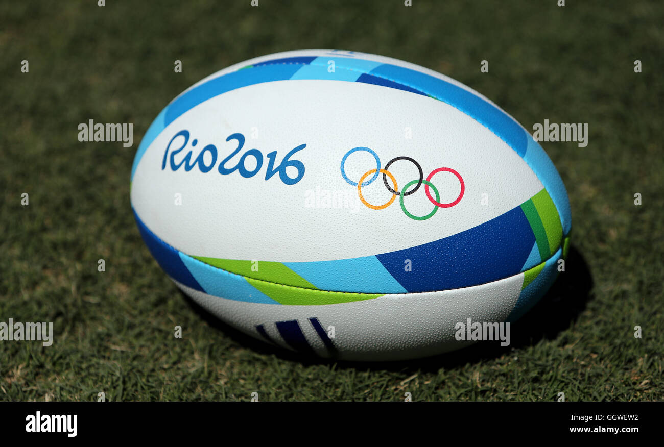 General view of an Olympic rugby ball at the Deodoro Stadium on the ...