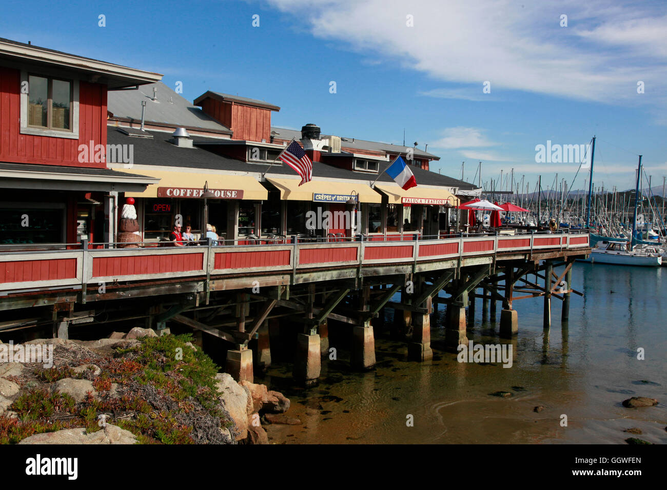 Shops at FISHERMANS WHARF overlook the harbour - MONTEREY, CALIFORNIA ...