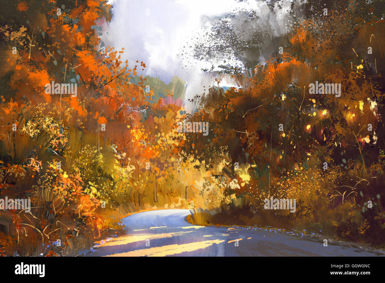 pathway through the colorful forest,autumn landscape painting ...