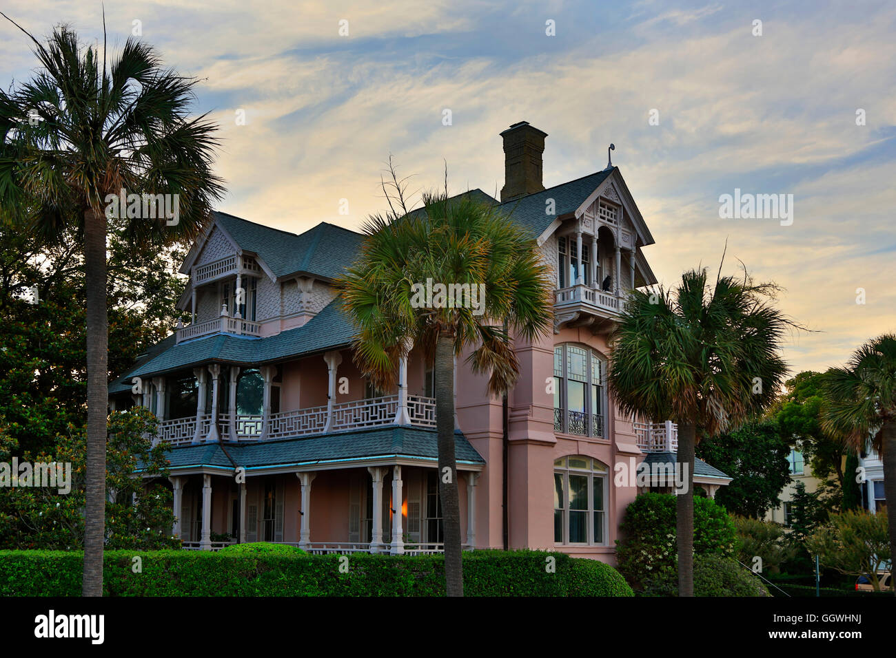 Southern mansions at sunset along the shoreline in the historical part ...
