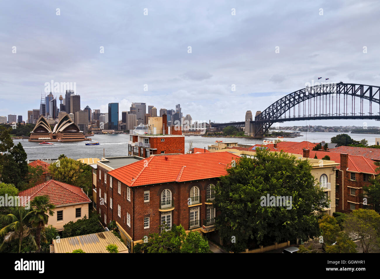 Sydney city view across harbour with Harbour bridge arch towards CBD ...