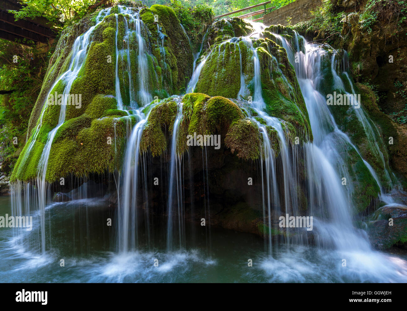 Landscape with a waterfall in a lush forest Stock Photo - Alamy