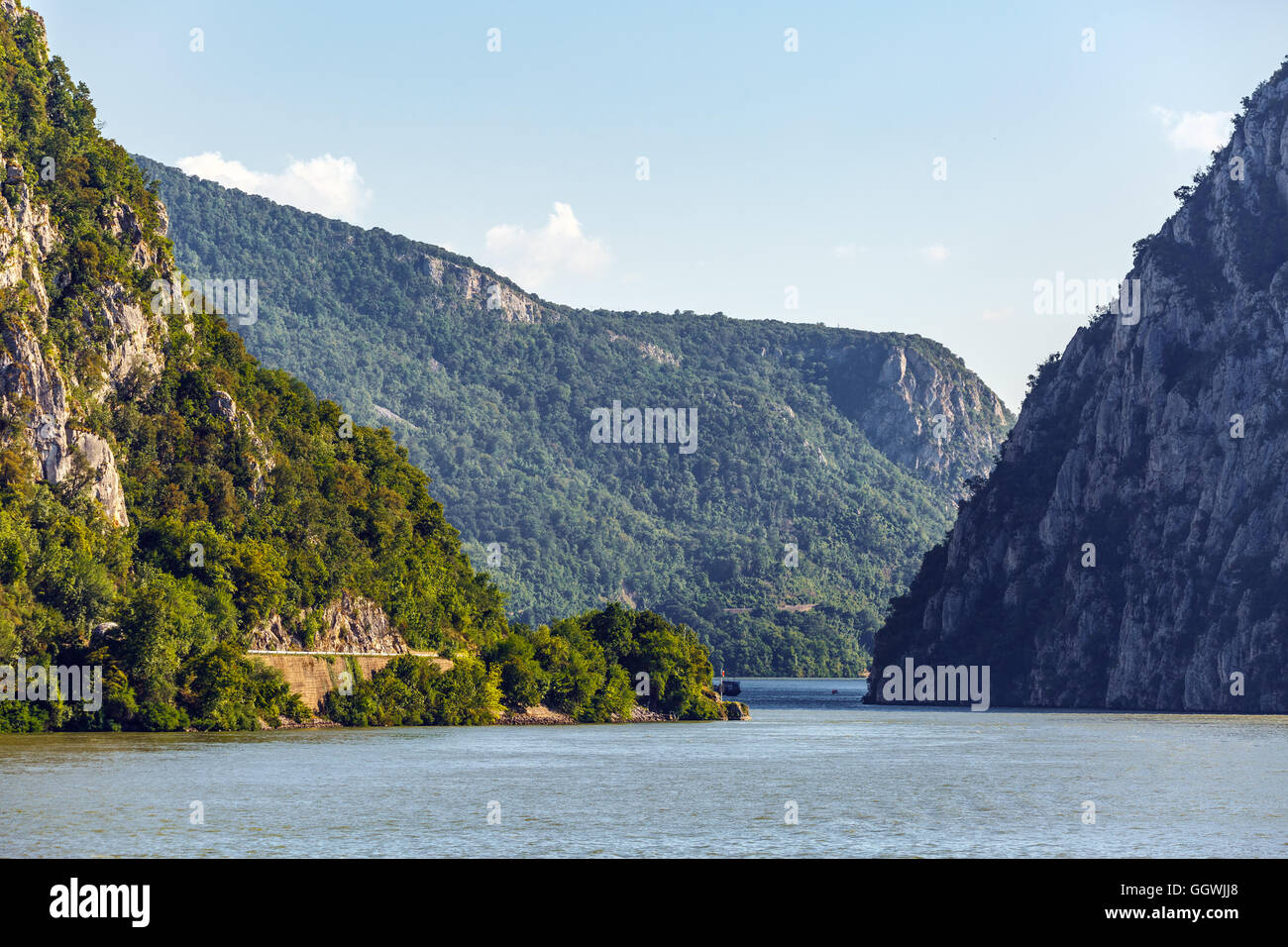 Landscape with the Danube river and surrounding limestone mountains in ...