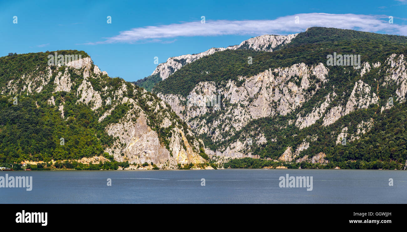 Landscape with the Danube river and surrounding limestone mountains in ...