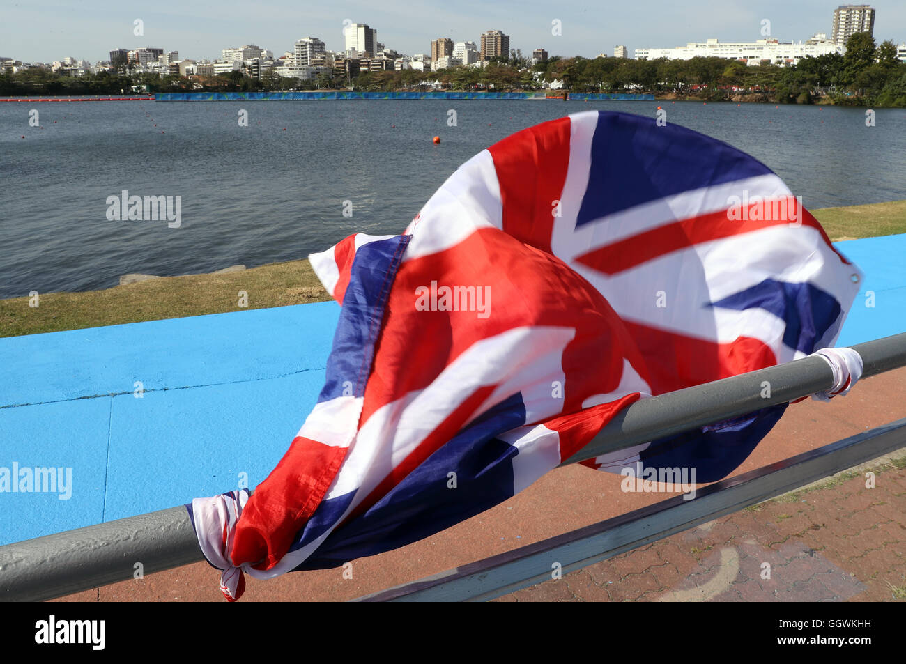 A Union Jack flag blows in the wind at the Lagoa Stadium on the second ...