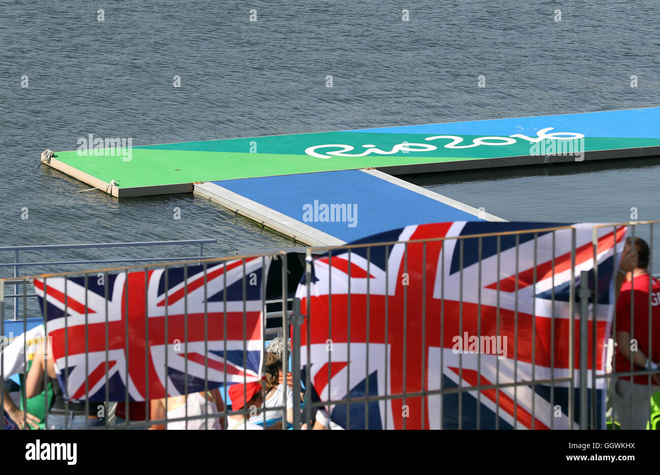 A Union Jack flag blows in the wind at the Lagoa Stadium on the second ...