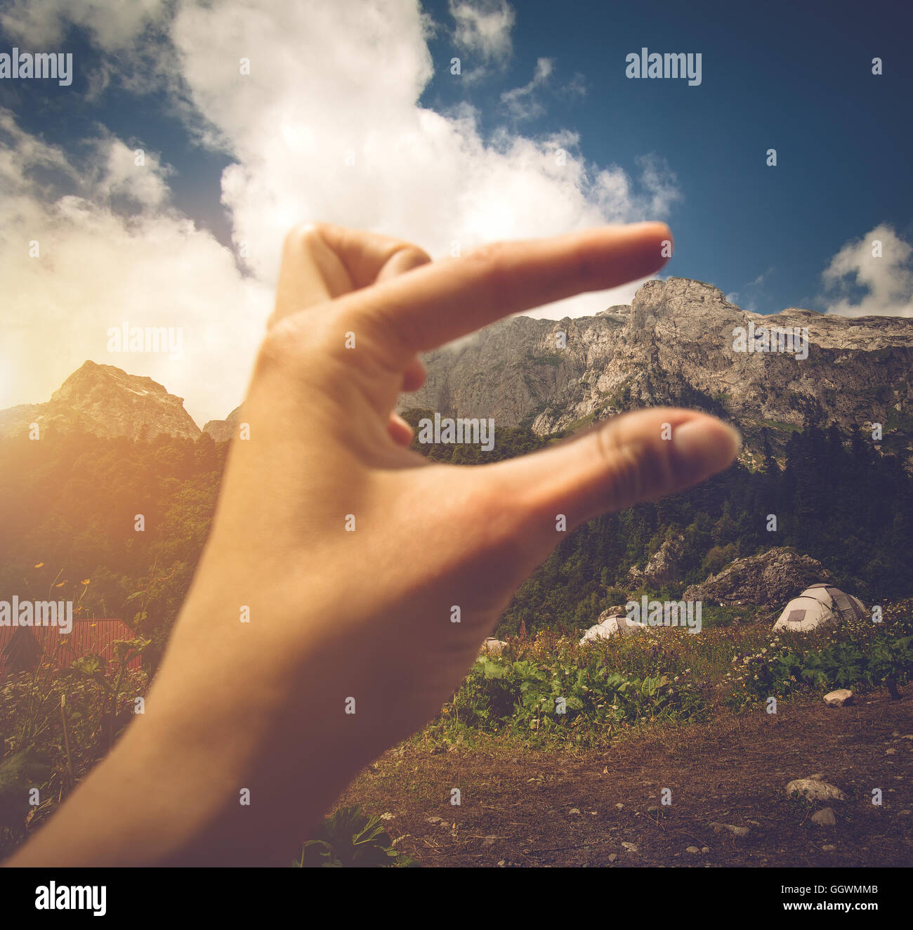 Woman Hand scaling mountain height from camping Travel Lifestyle ...