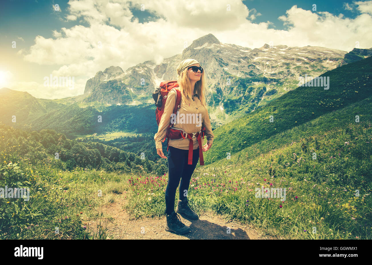 Young Woman with backpack hiking Travel Lifestyle concept Summer ...