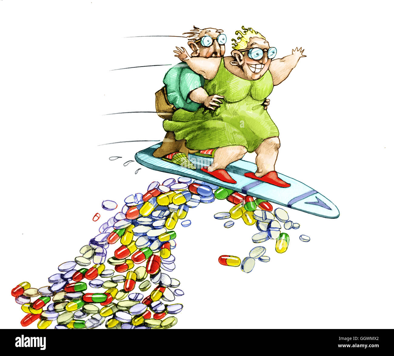 two elderly people are surfing on a wave of pills Stock Photo - Alamy