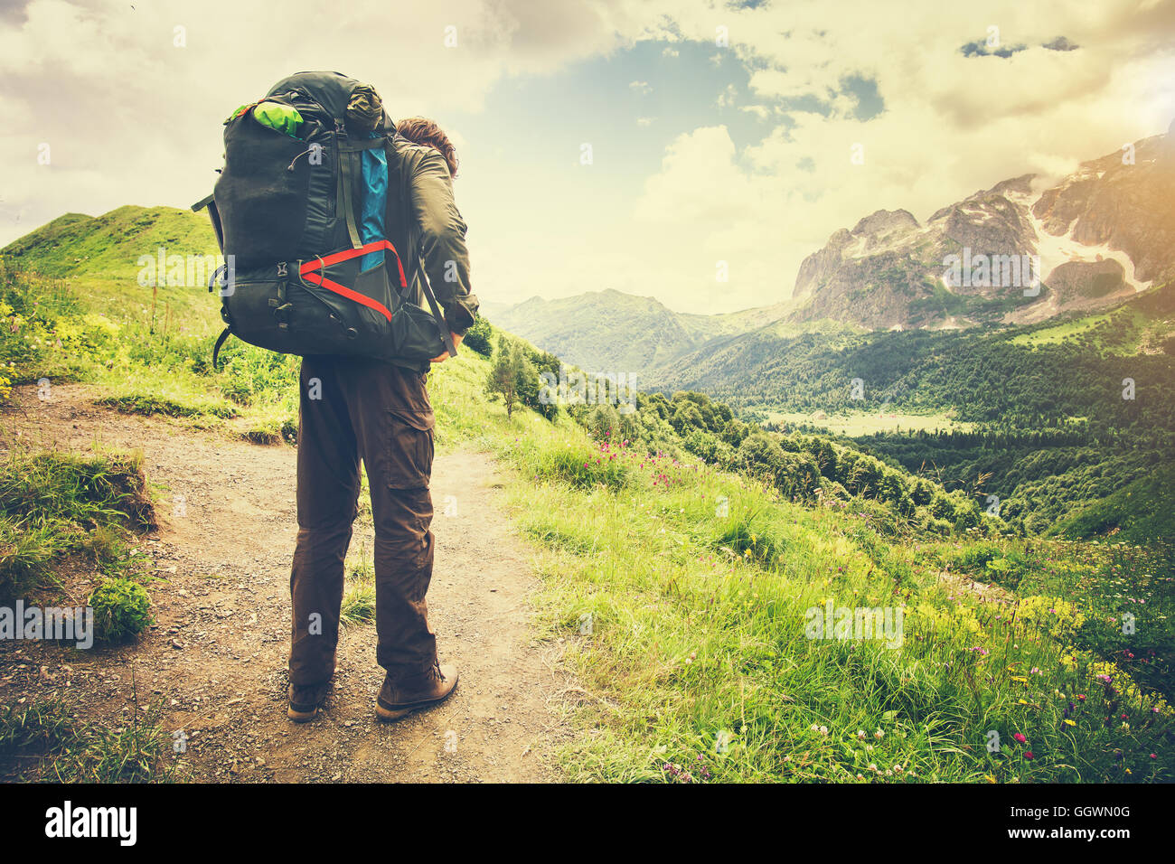 Traveler Man with backpack mountaineering Travel Lifestyle concept ...