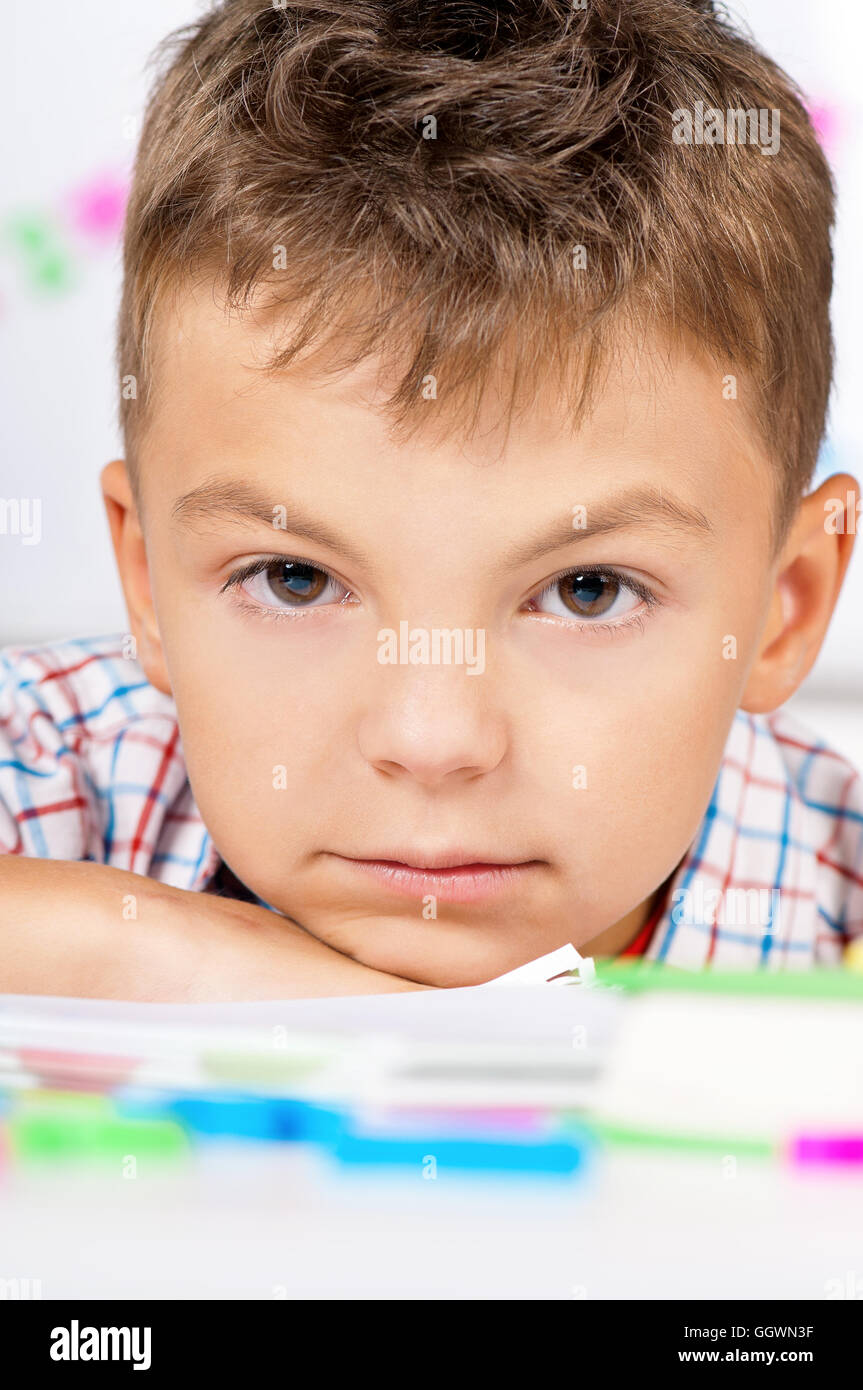 Boy homework at table Stock Photo - Alamy