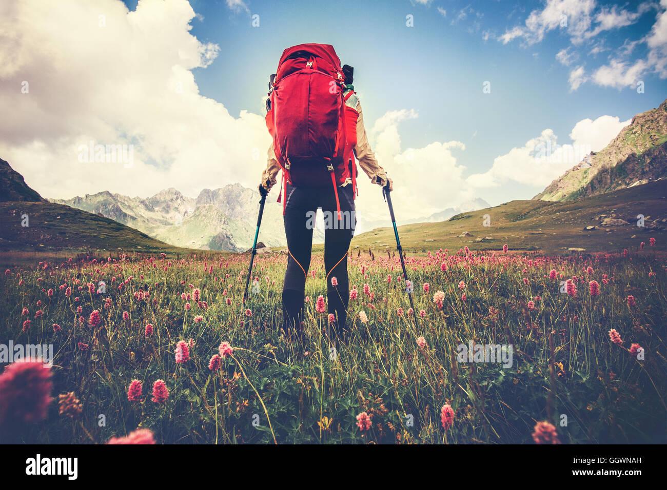 Woman Traveler with red backpack hiking Travel Lifestyle concept Summer ...