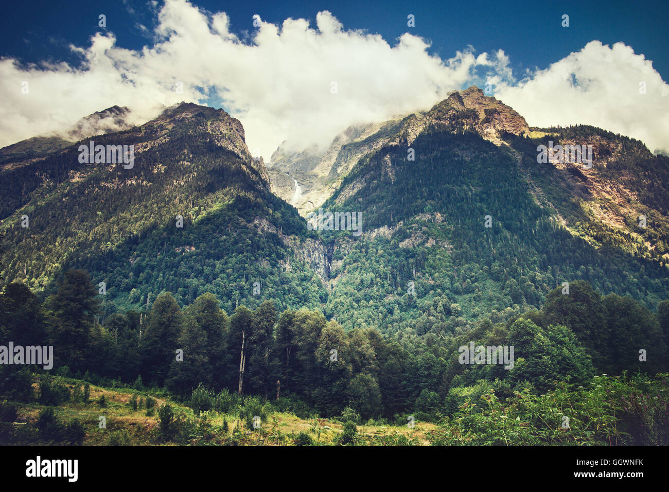Mountains and forest Landscape in Abkhazia with blue sky and clouds ...
