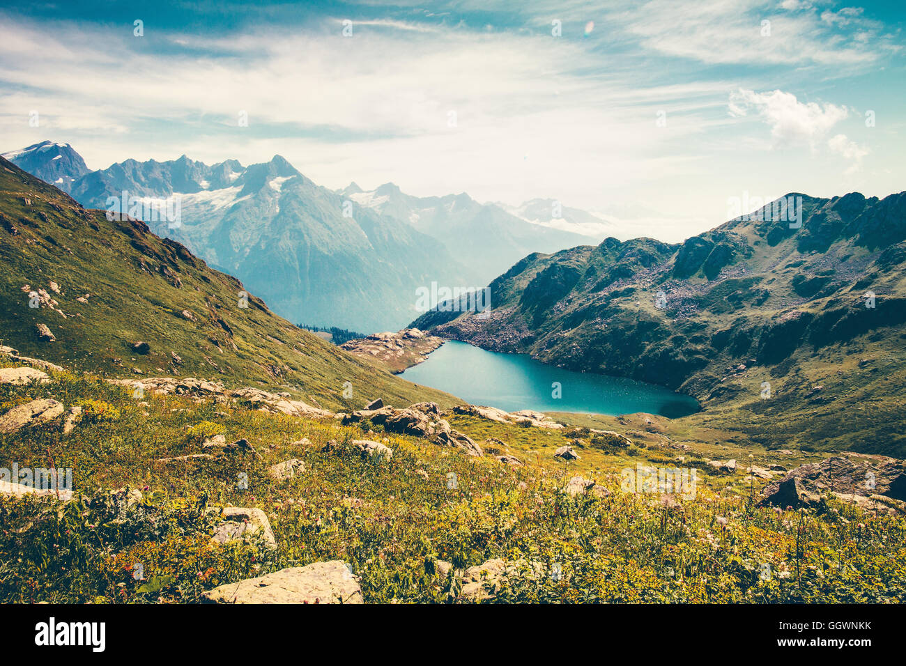 Lake and Mountains Landscape in Abkhazia with blue sky ad clouds Summer ...