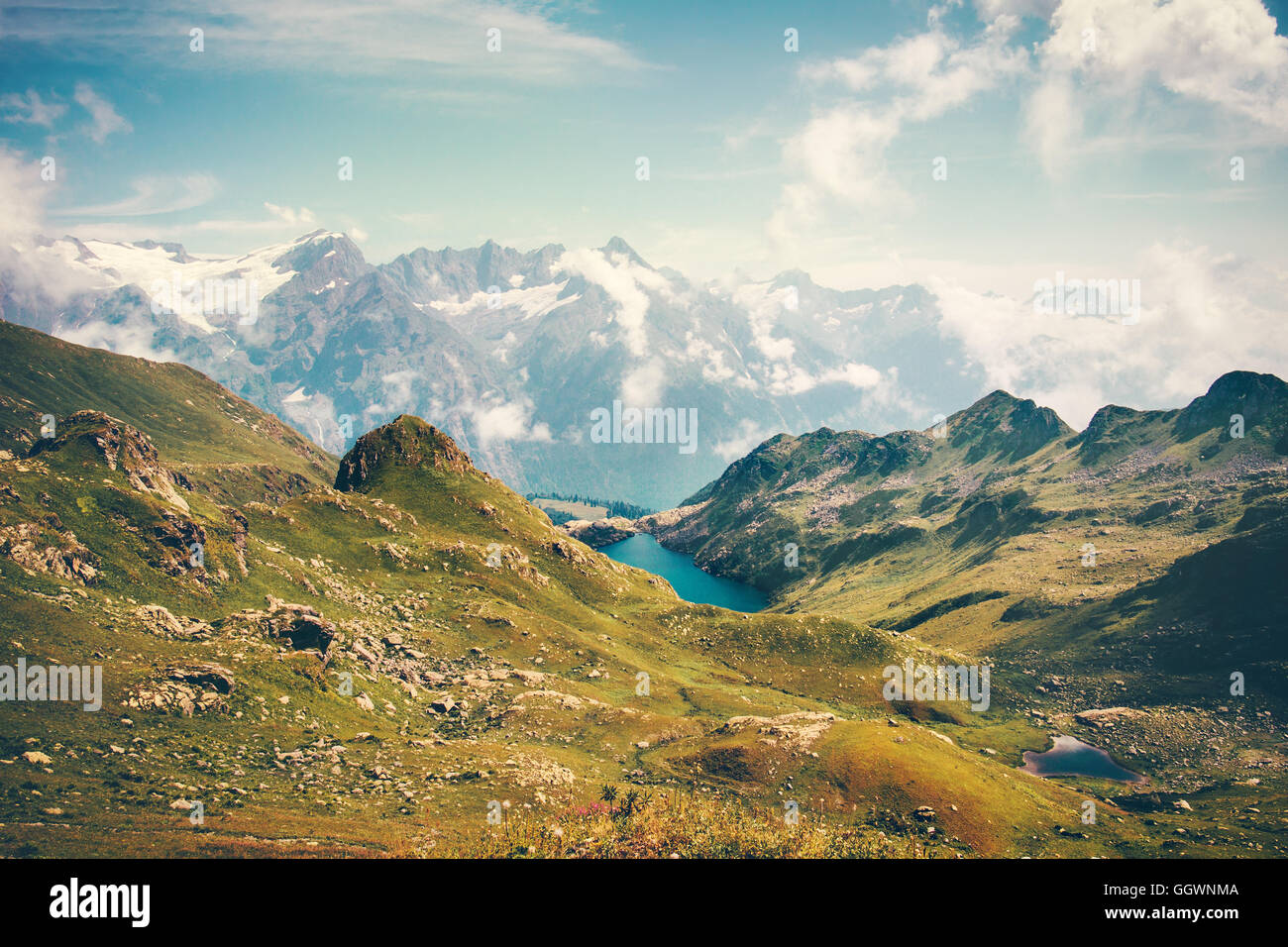 Lake and Mountains Landscape in Abkhazia with blue sky ad clouds Summer ...