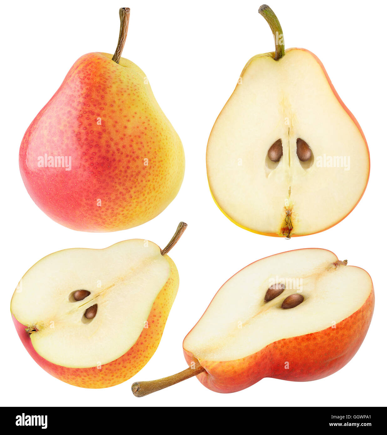 Isolated pears. Collection of cut yellow pink pear fruits isolated on ...