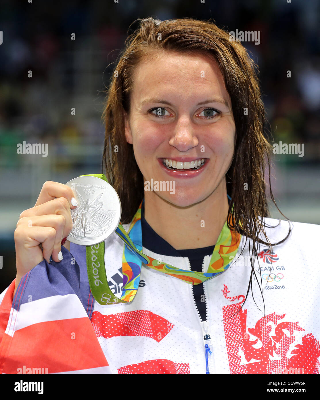 Great Britain's Jazz Carlin (left) with her silver medal after the ...