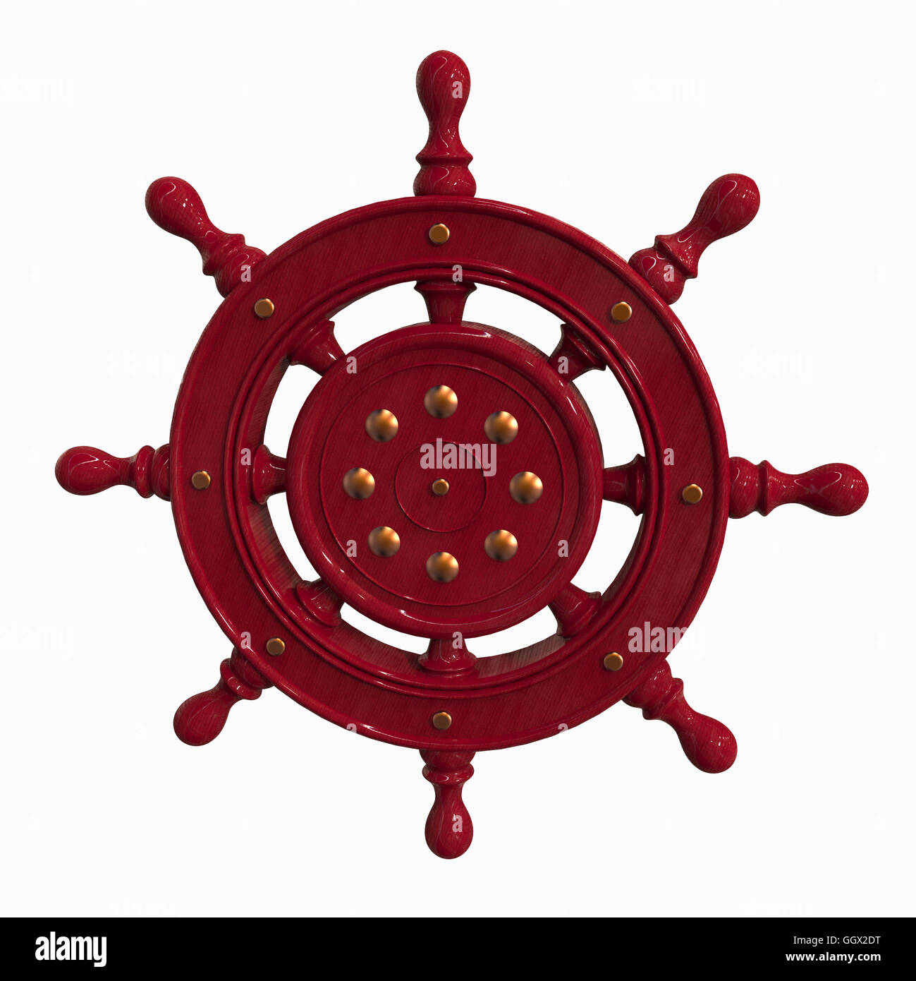 isolated nautical helm 3d render design on white background in red wood ...