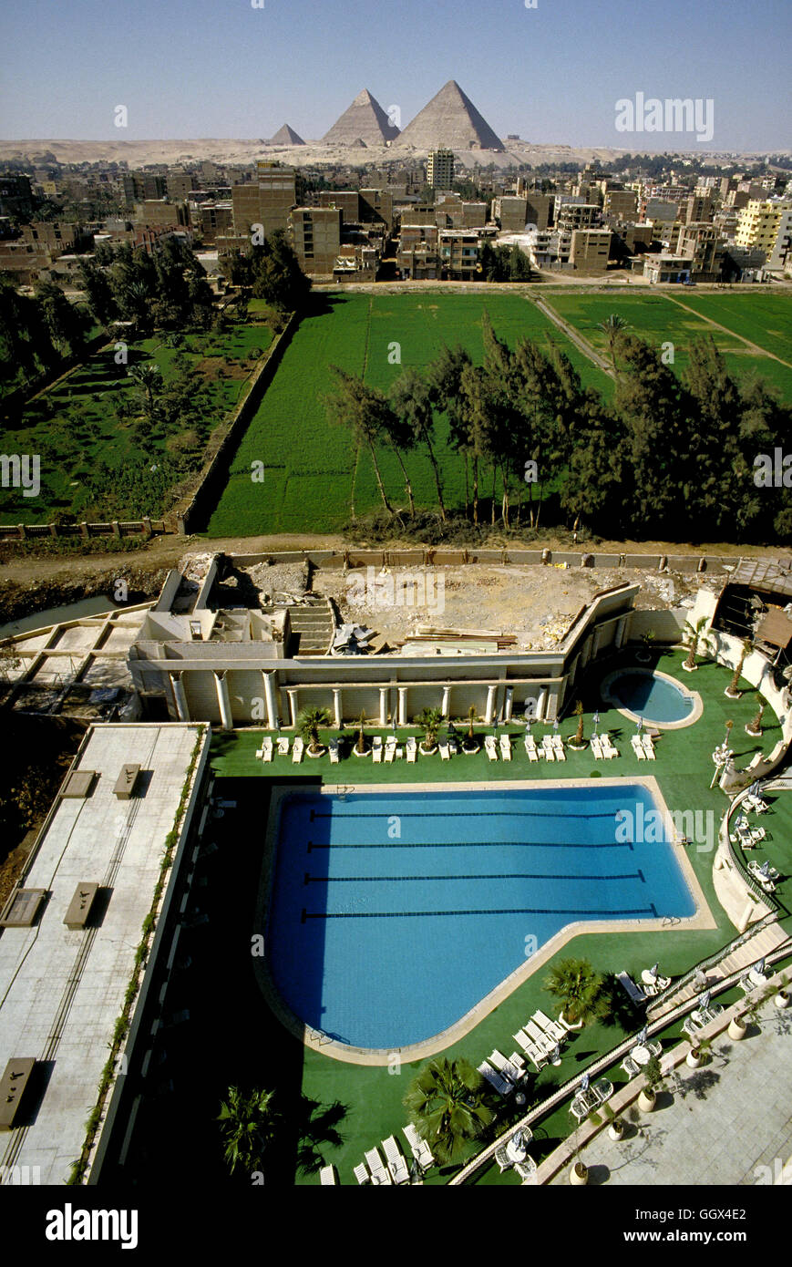 View of the pyramids from the Siag Pyramids Hotel in Giza. Cairo, Egypt ...