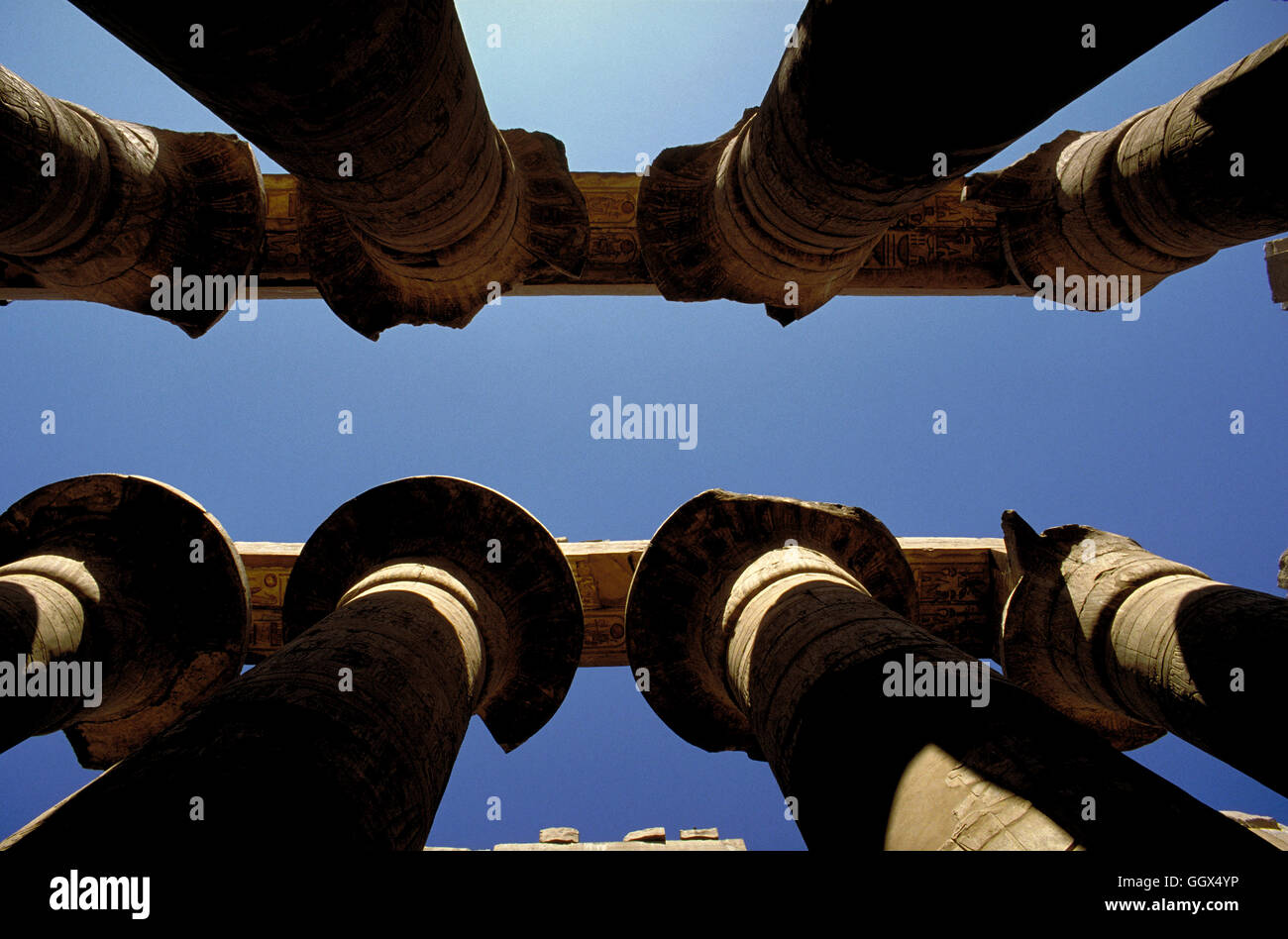 The massive columns of the Great Hypostyle Hall in the Temple of Karnak ...