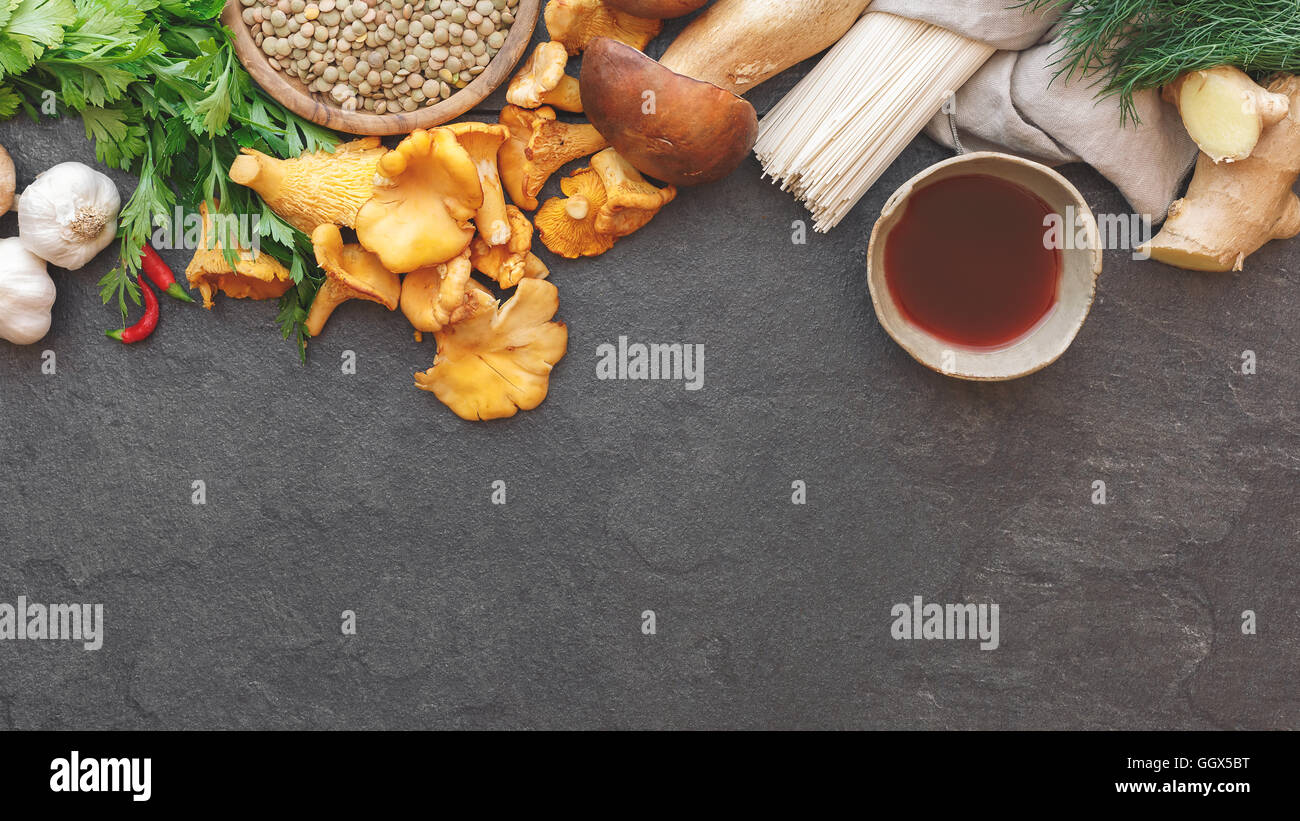 Culinary background with various ingredients, rustic background. Asian ...