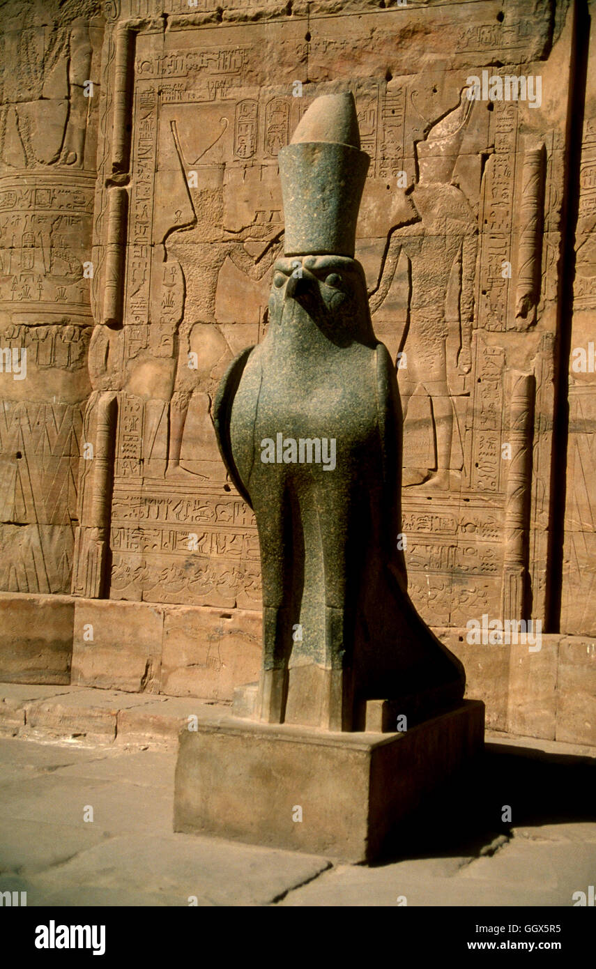 Statue of the falcon god, Horus at the temple of Horus in Edfu ...