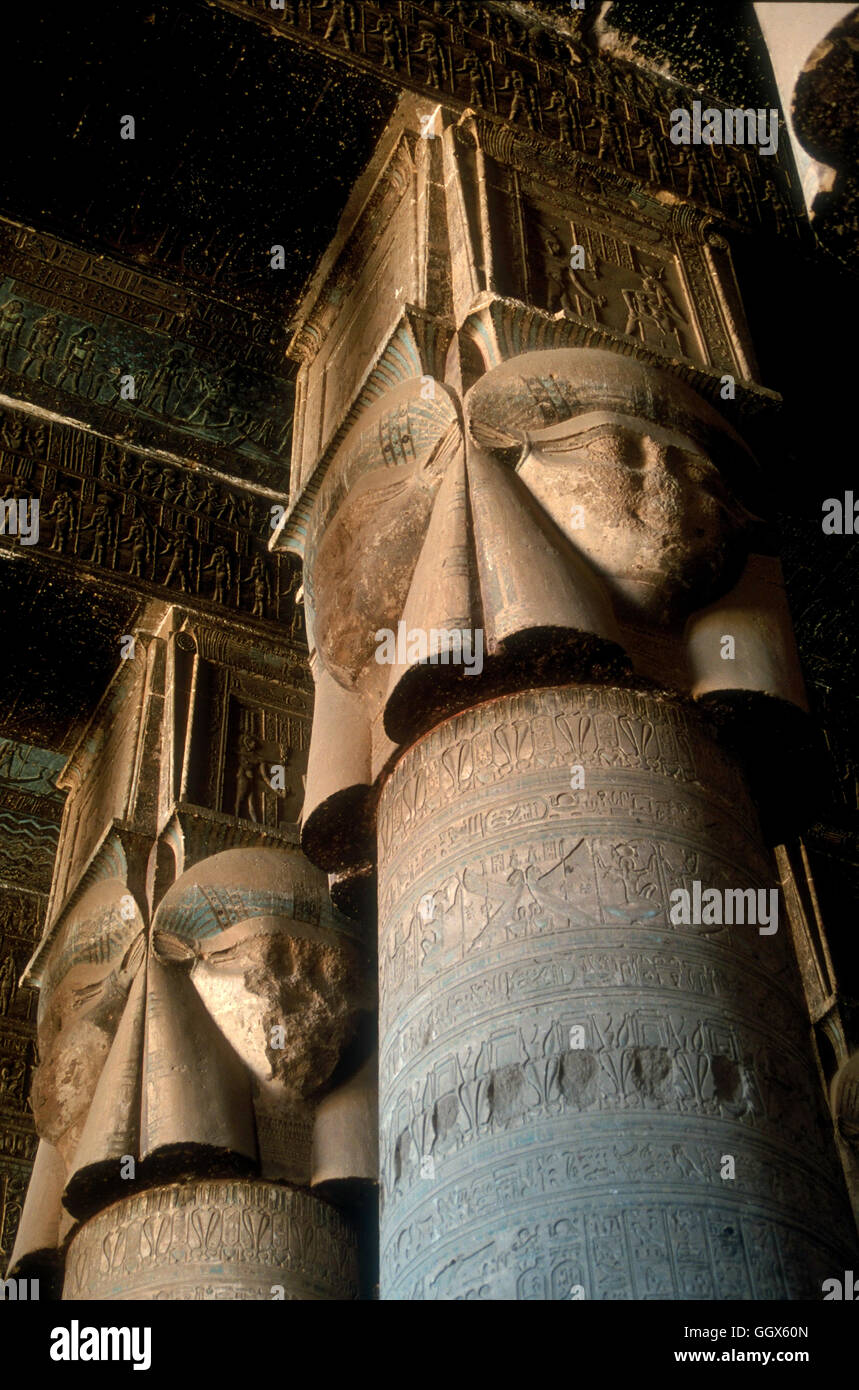 Hathor columns at the Temple of Dendera north of Luxor, Egypt Stock ...