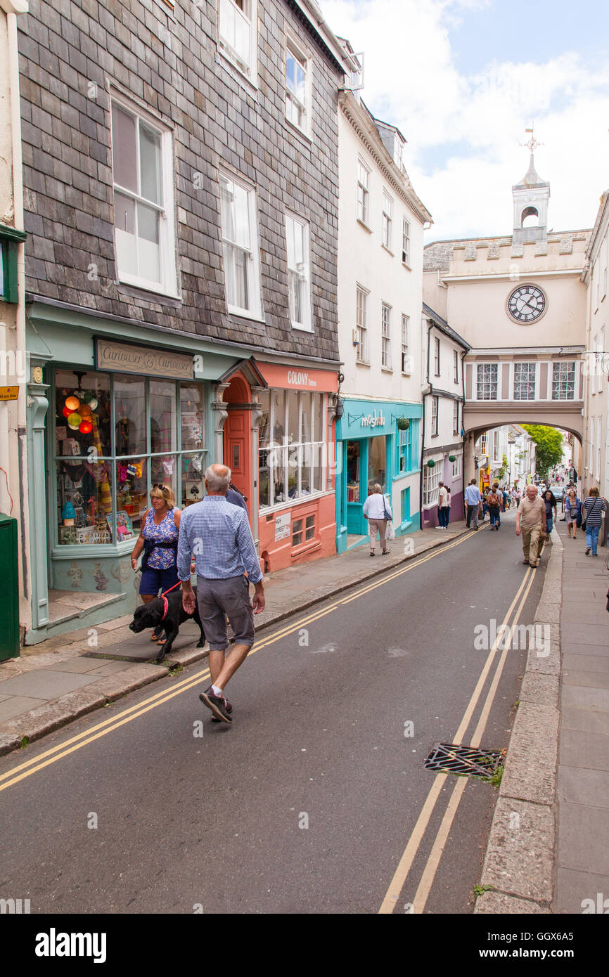 East Gate Tudor arch and clock tower in the High Street of Totnes ...