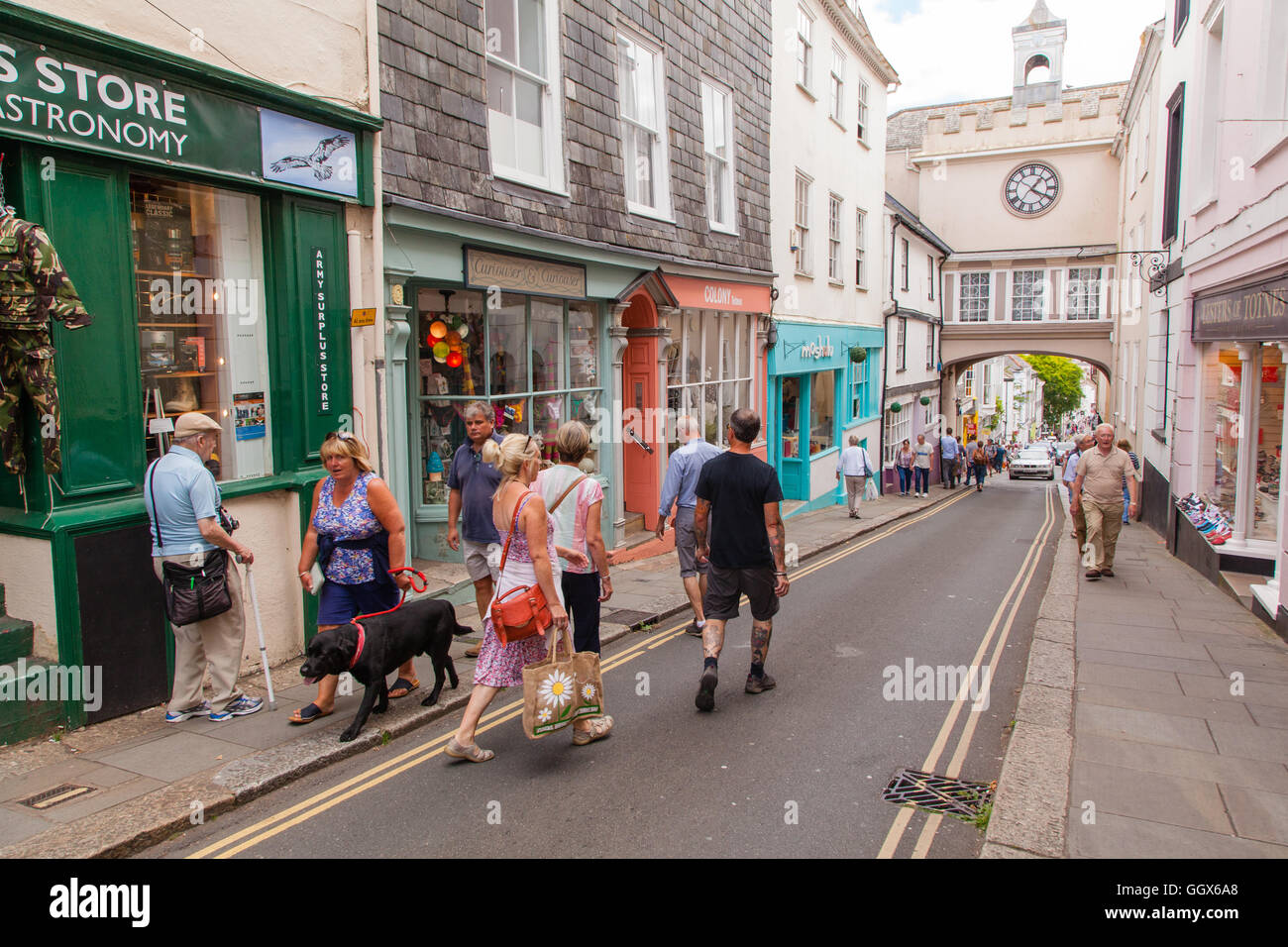 East Gate Tudor arch and clock tower in the High Street of Totnes ...