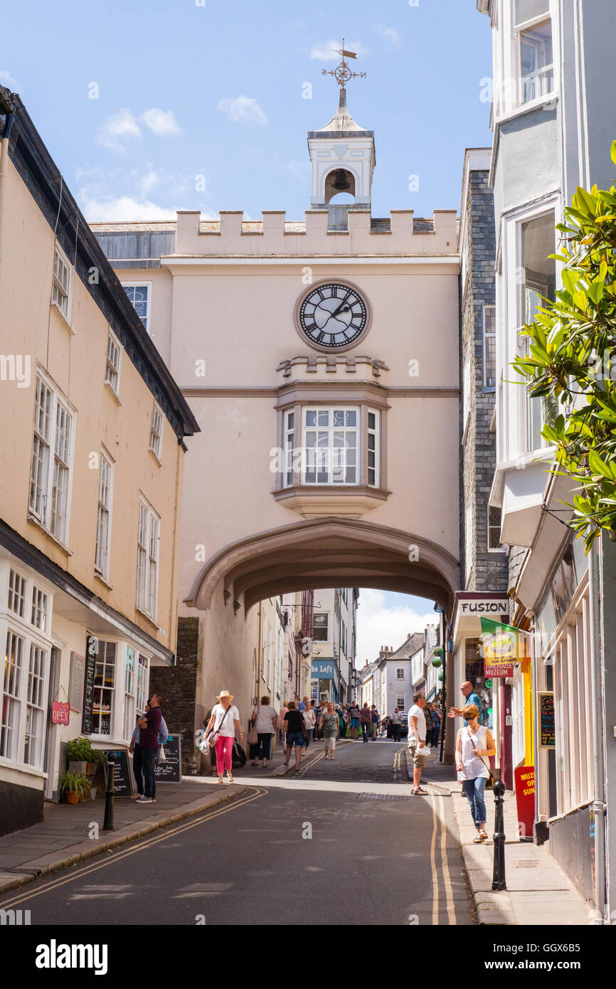 East Gate Tudor arch and clock tower in the High Street of Totnes ...
