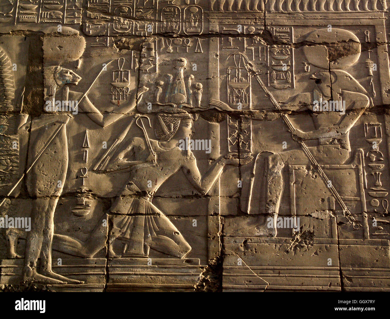 Seti I wall relief of the king kneeling before the sun god Re. Temple ...