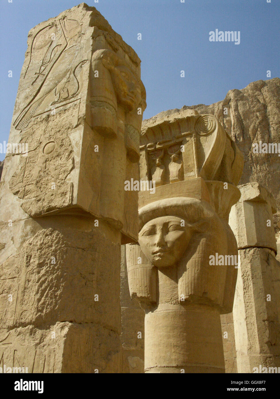 A Hathor column in the Mortuary Temple of Hatshepsut at Deir el Bahari ...
