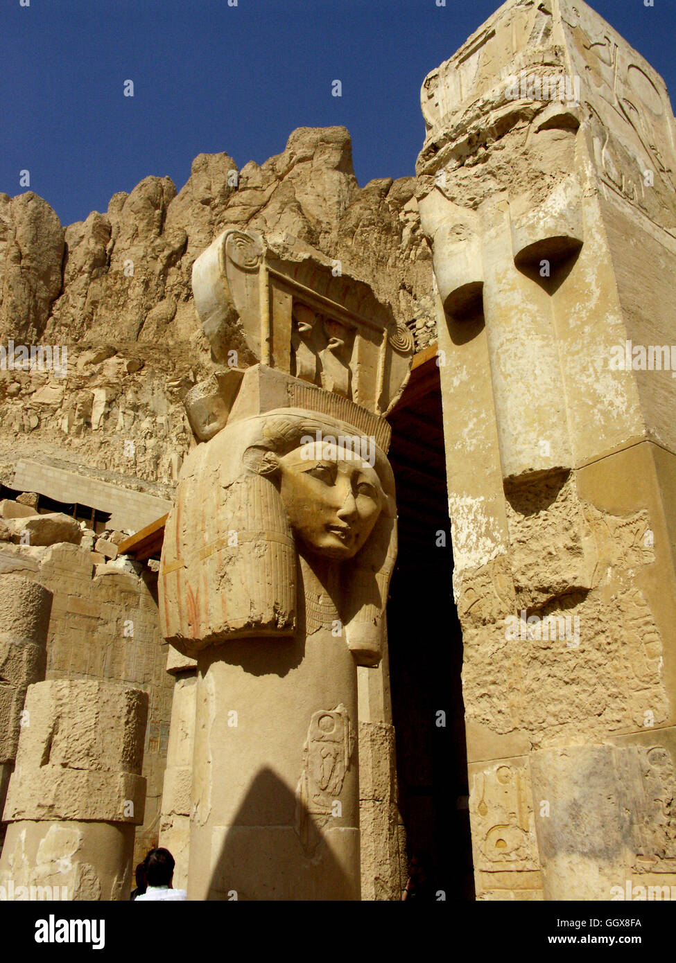 A Hathor column in the Mortuary Temple of Hatshepsut at Deir el Bahari ...
