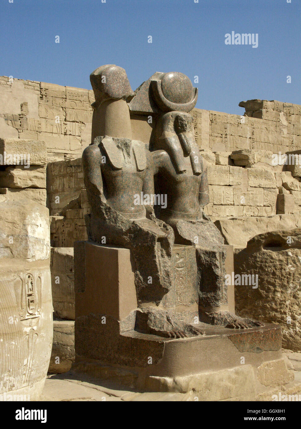 Statues of Horus and Hathor in the forecourt of the Ptolemaic Temple of ...