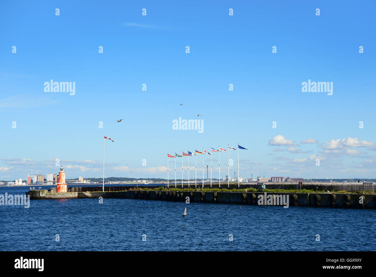 Helsingor, Denmark - July 19, 2016: Lighthouse and flags of European ...