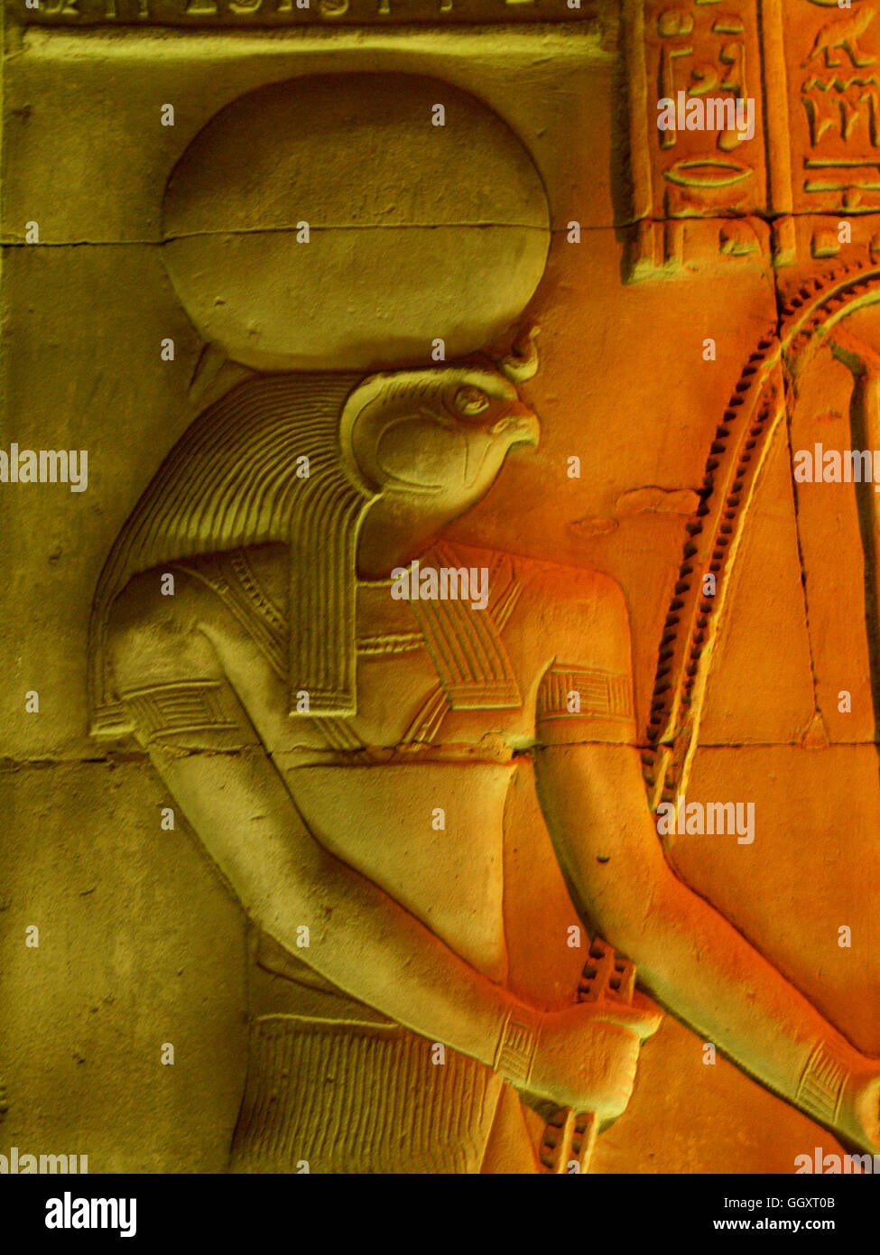 Wall relief of Horus the falcon god in the Ptolemaic Temple of Sobek at ...