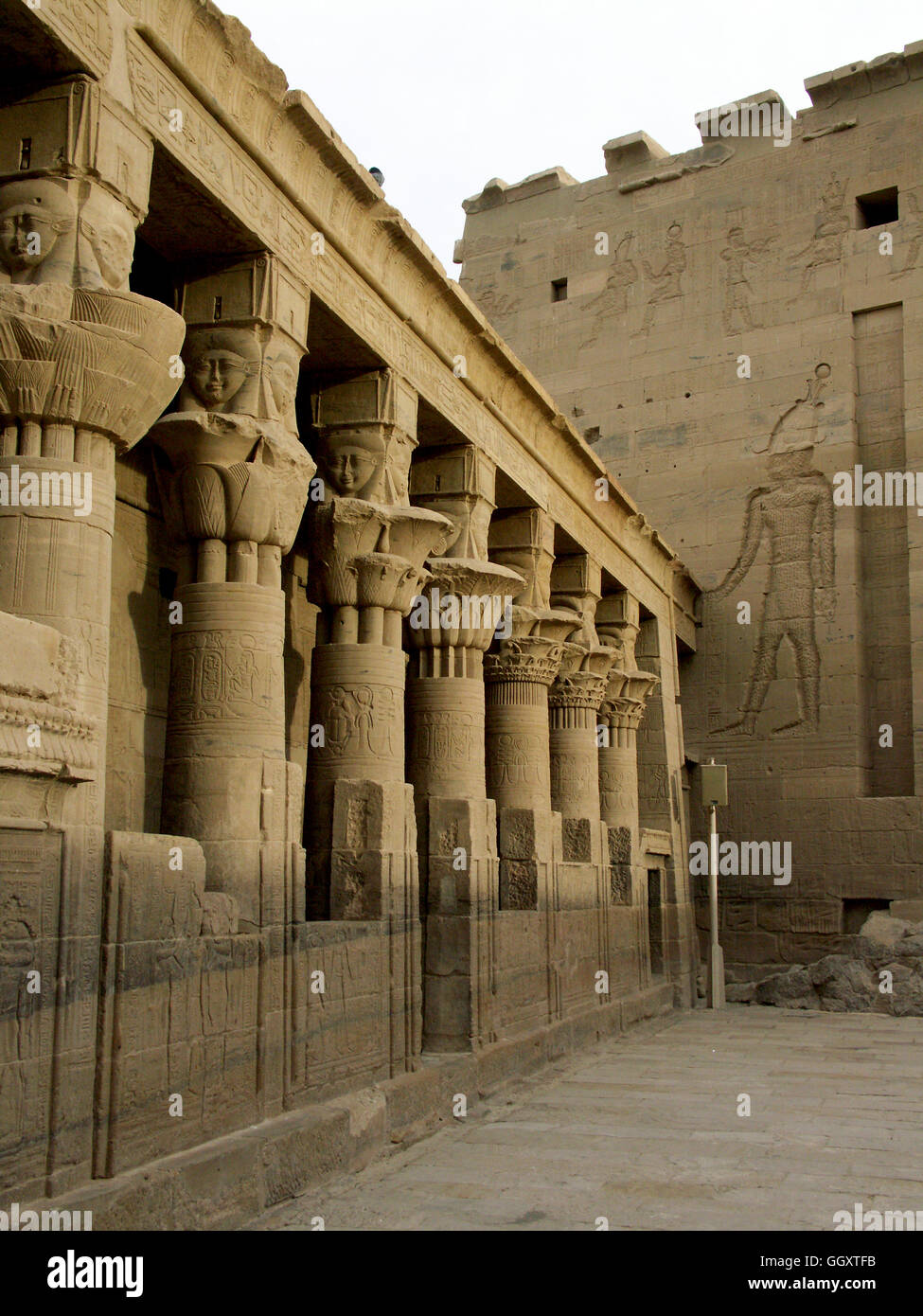 Columns topped by the goddess Hathor. The Ptolemaic Temple of Philae at ...