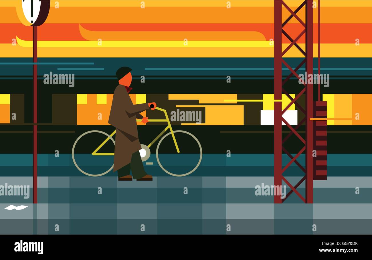 Man with bike on train station - vector illustration Stock Vector Image ...