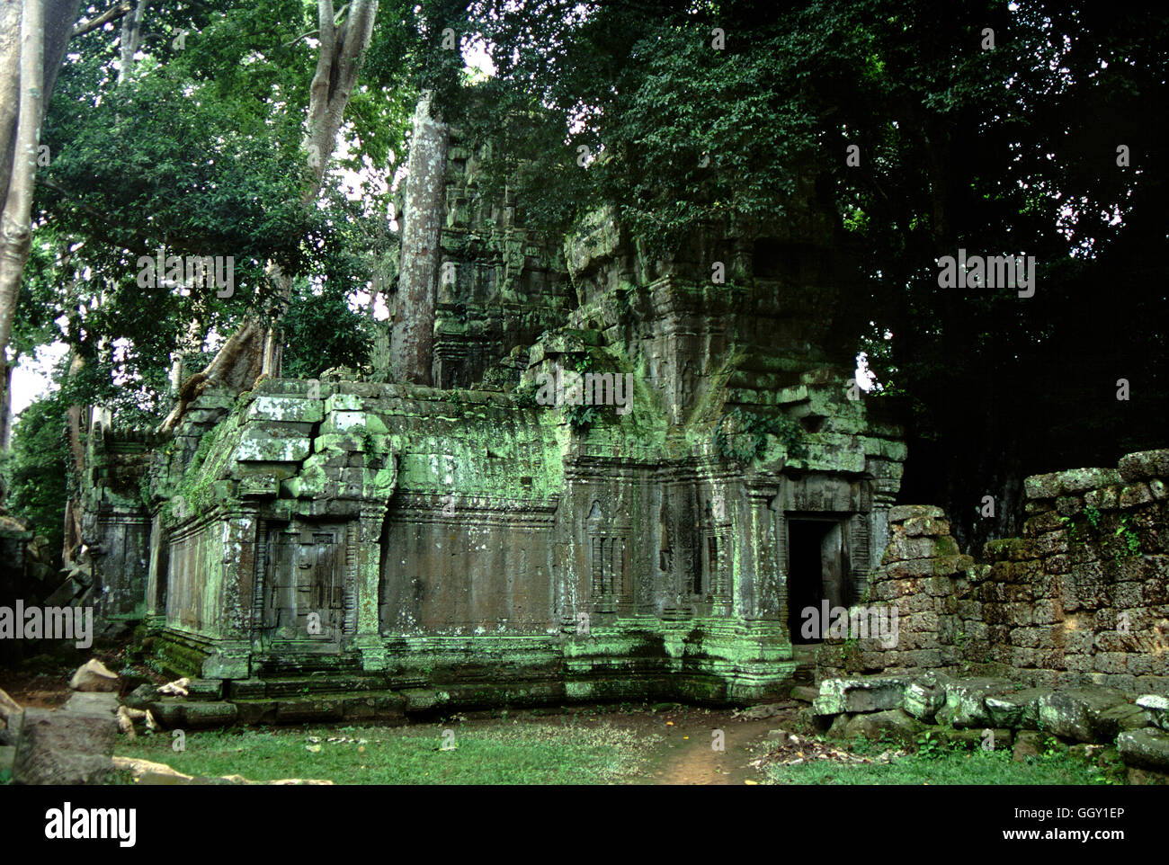 Eastern entry facade at the Temple of Ta Prohm at Angkor Wat. Siem Reap ...