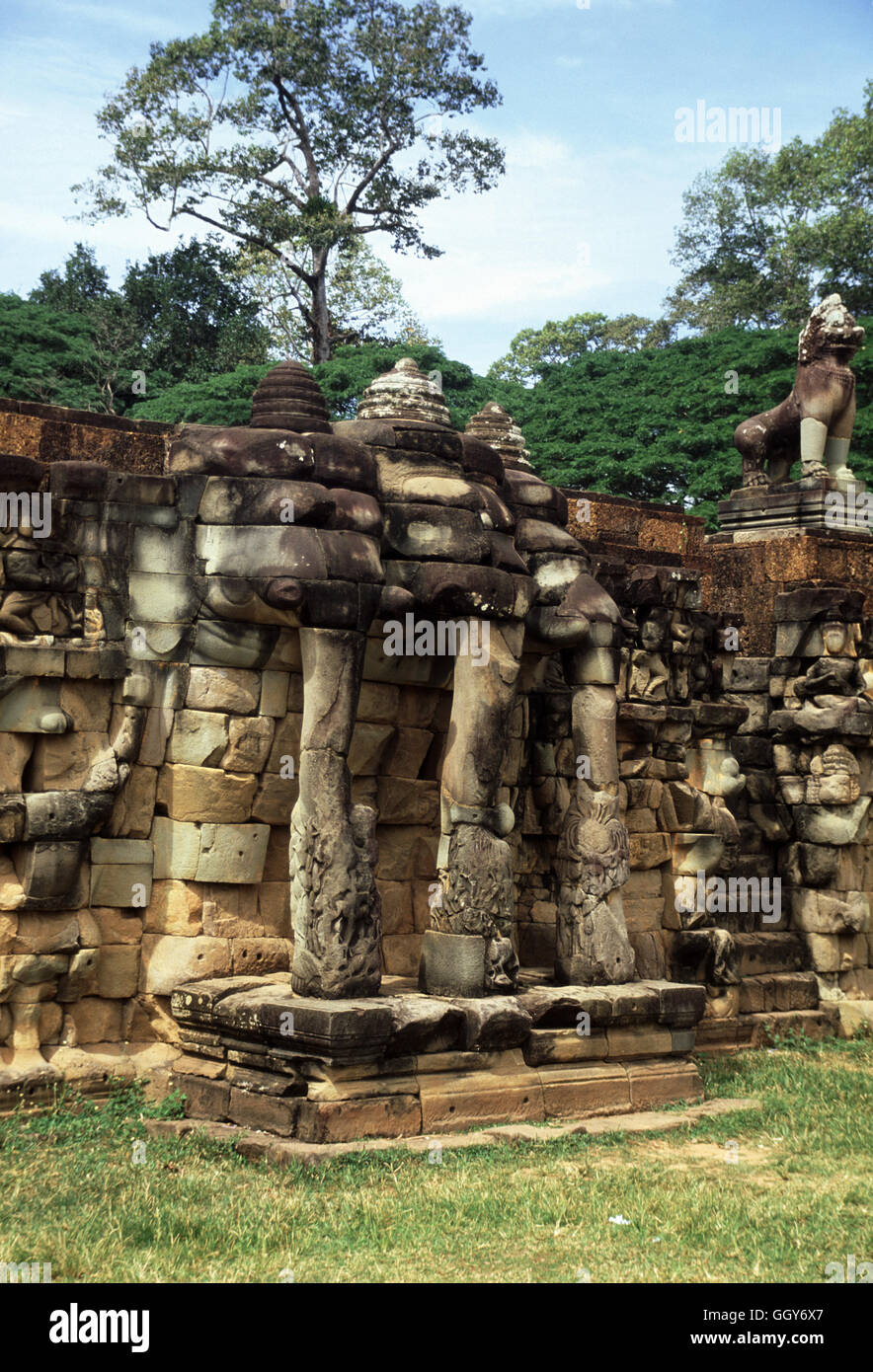 Stone murals on the Elephant Terrace in the temple complex of Angkor ...