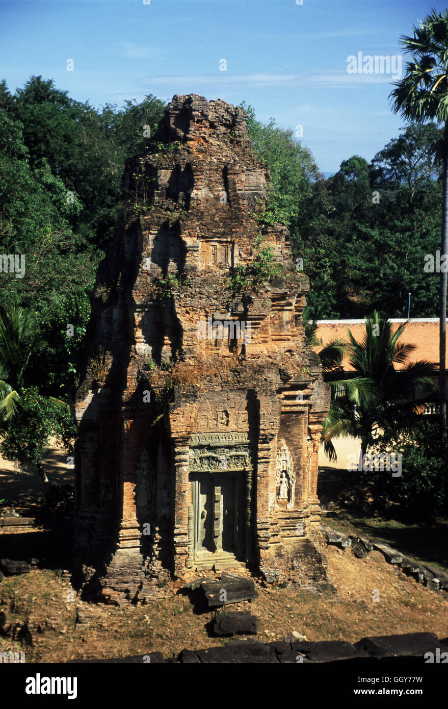 View of a temple detail from the top of the temple of Phnom Bok in the ...